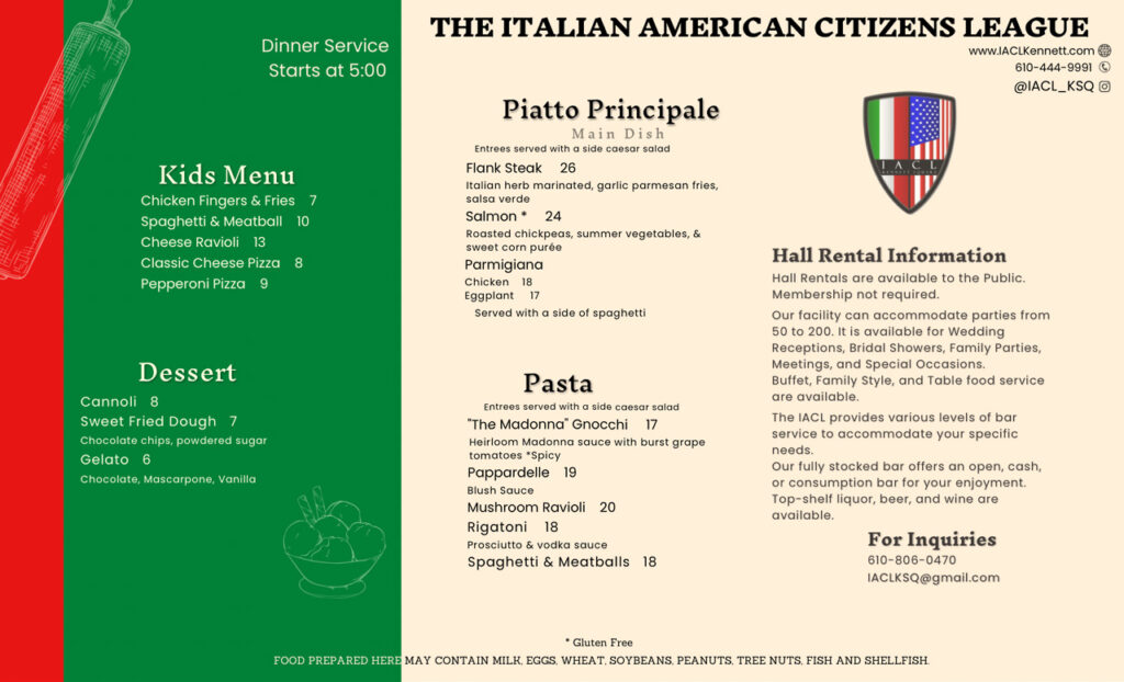 Menu - The Italian American Citizen's League